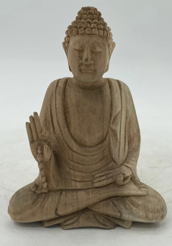 Buddha skulptur i Vitarka Mudra - Træfigur fra Bali H: 15 cm